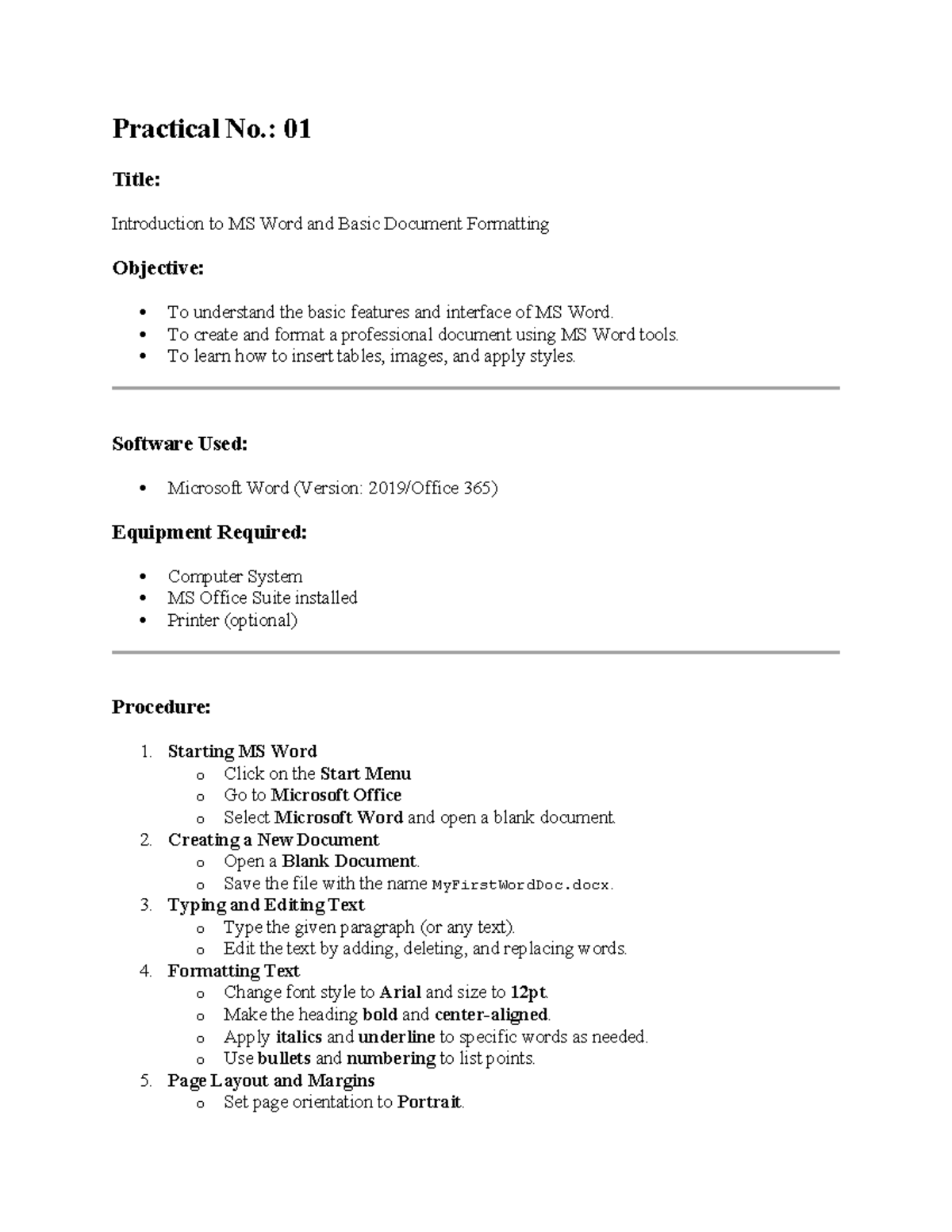 Computer Lab Report: MS Word Basics and Formatting Techniques - Studocu
