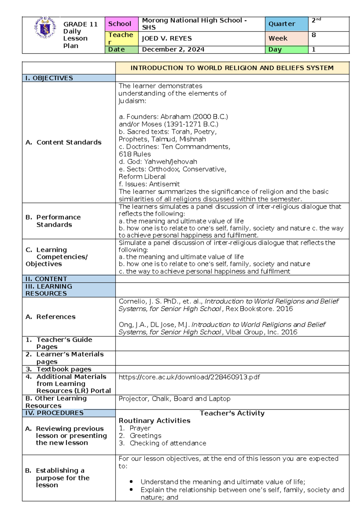 World Religion Lesson Plan: Understanding Beliefs and Values (DLP-W8D1 ...