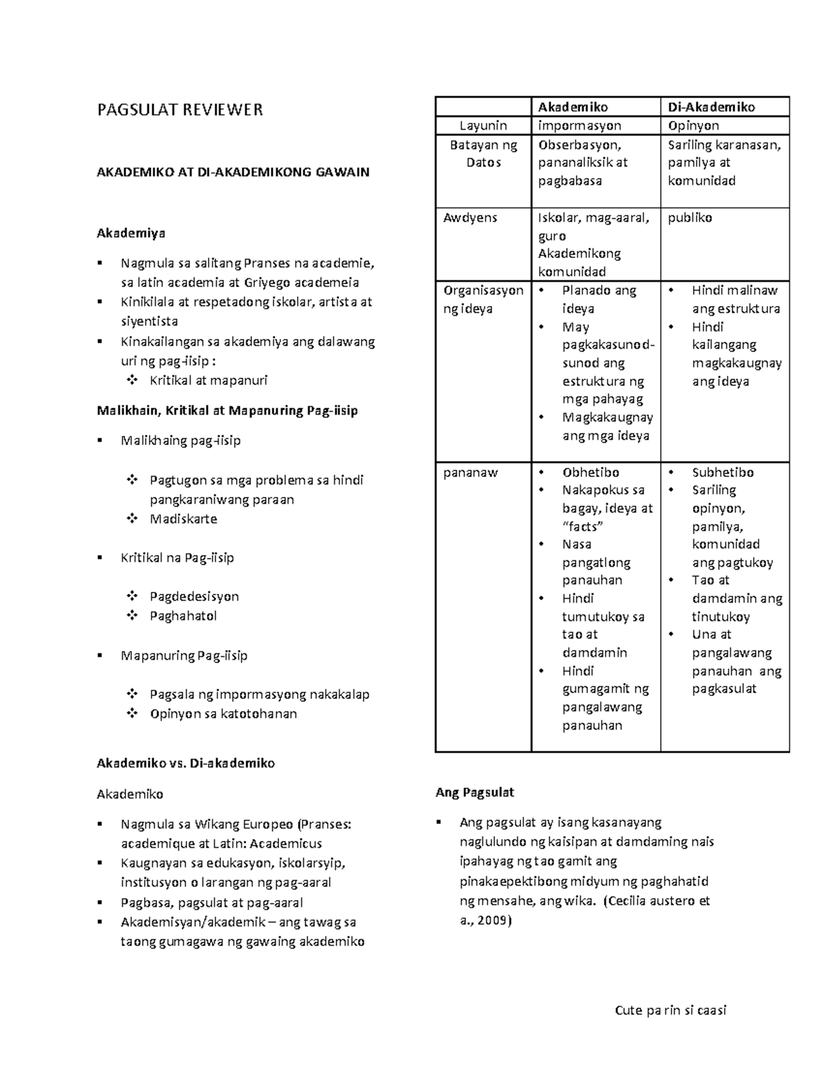 Pagbasa AT Pagsulat SHS LEC - PAGSULAT REVIEWER AKADEMIKO AT DI ...
