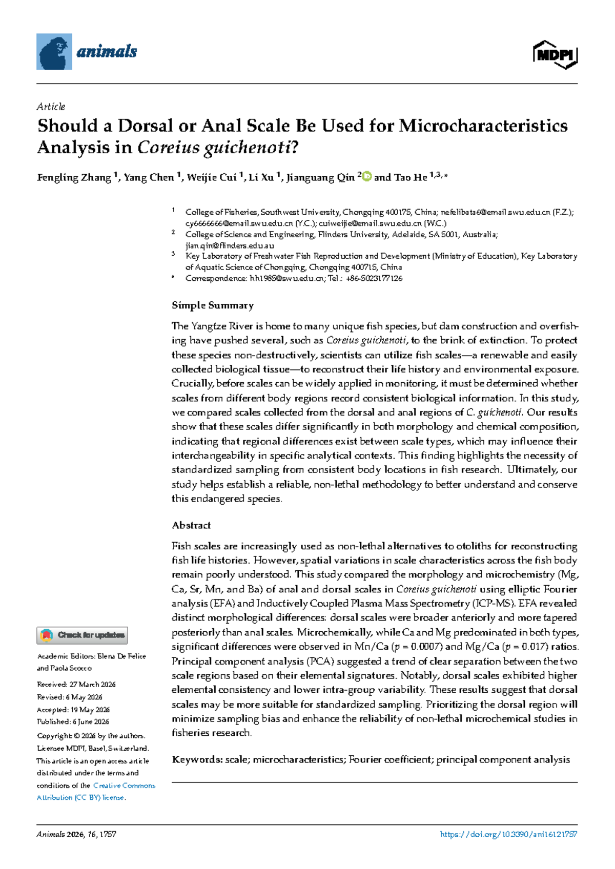 Microcharacteristics Analysis of Coreius guichenoti Scales: Dorsal vs ...