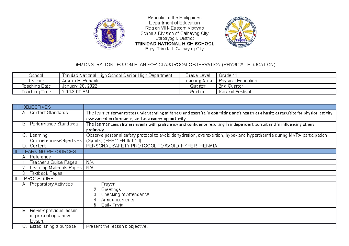 COT - Demonstration Lesson Plan for PE (Grade 11) - Q2 - Studocu