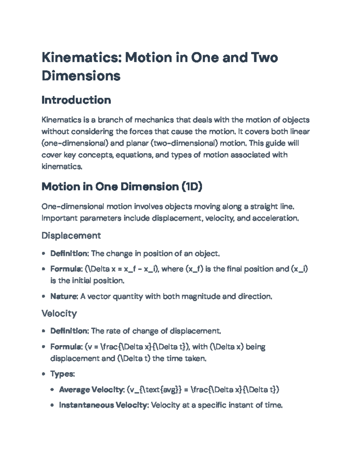Kinematics: Motion in One and Two Dimensions Overview - Kinematics ...