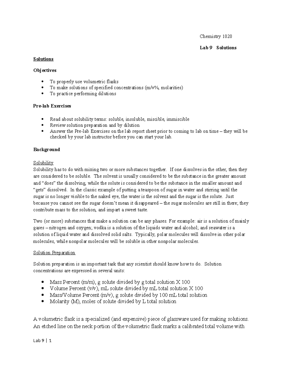 Chem 1020 Lab-9: Solutions Preparation & Dilutions Guide - Studocu
