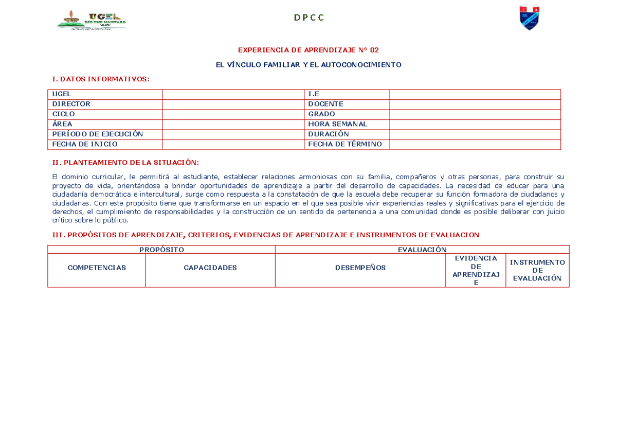 3ro Experiencia de Aprendizaje n°2 DPCC - EXPERIENCIA DE APRENDIZAJE N° 02 EL VÍNCULO FAMILIAR Y ...