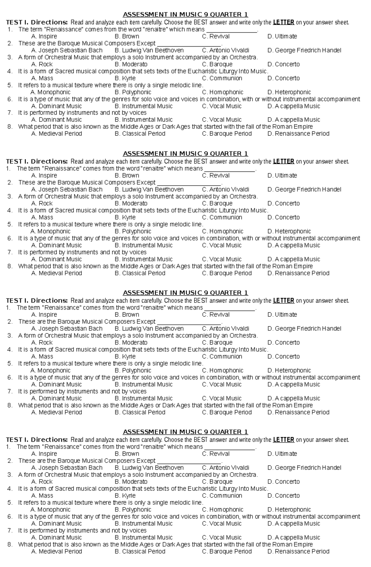 Assessment IN Music 9 Quarter 1 - ASSESSMENT IN MUSIC 9 QUARTER 1 TEST ...