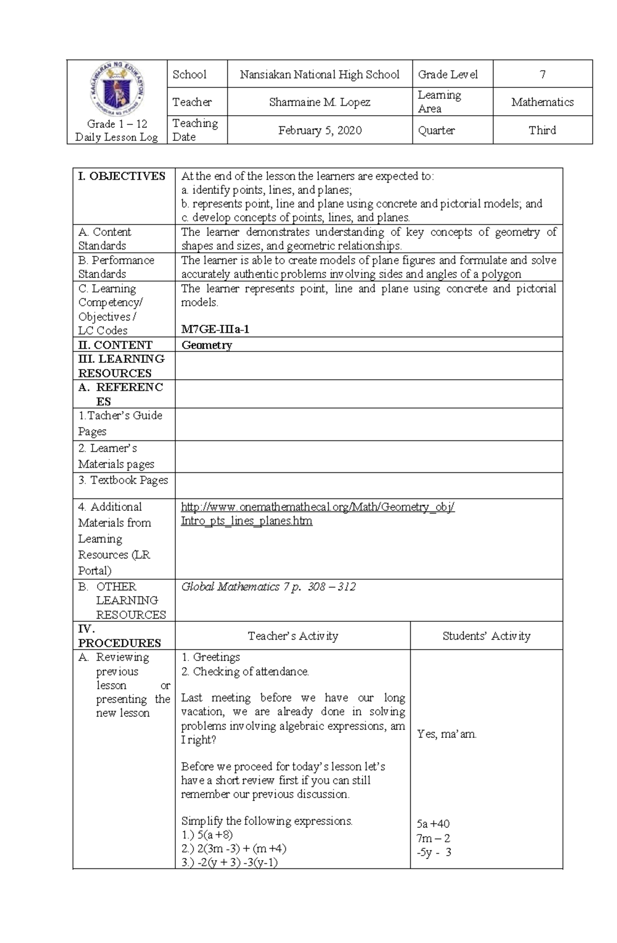IPED LP - Geometry Lesson Plan on Points, Lines, and Planes - Studocu