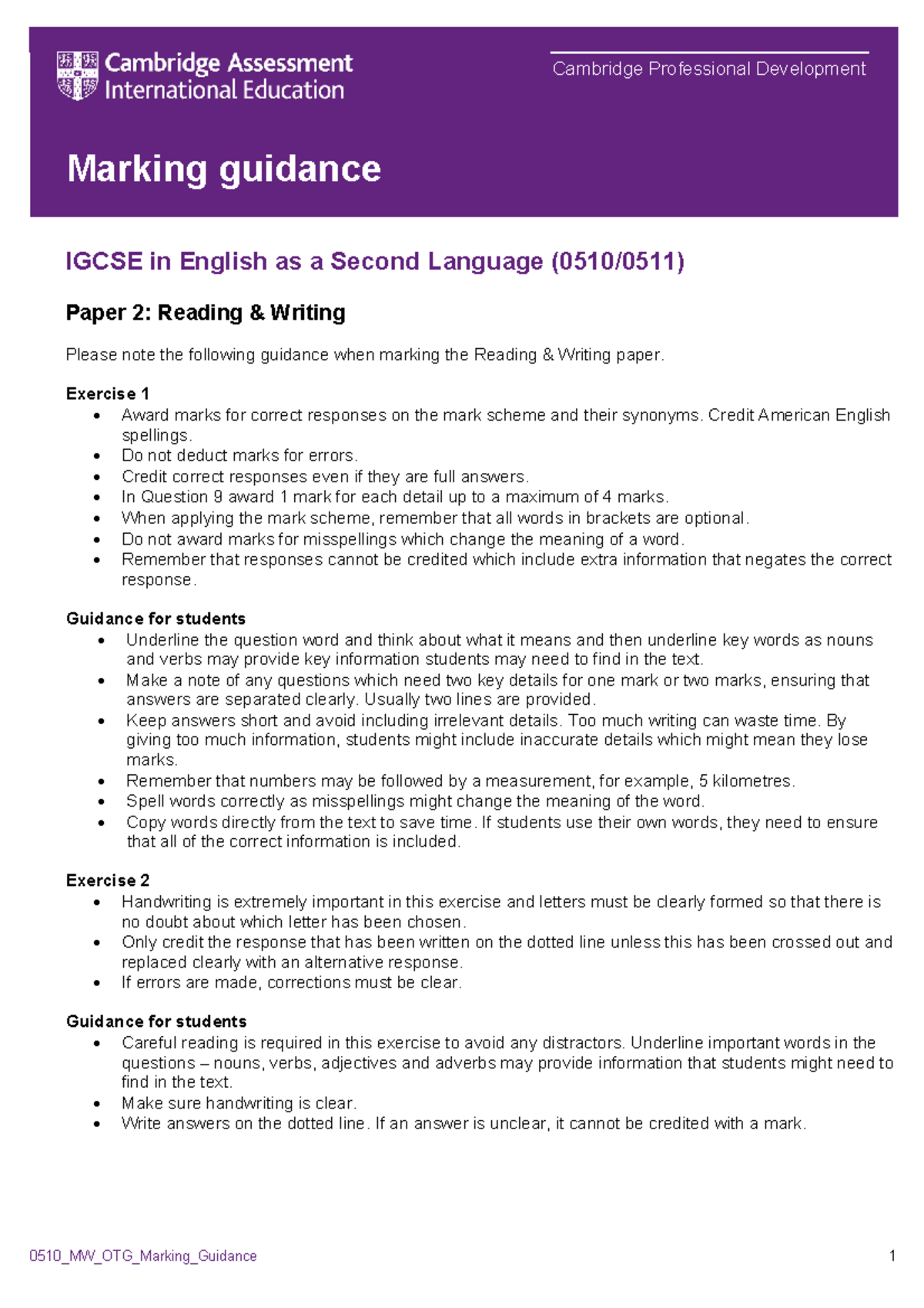 IGCSE 0510 Marking Guidance for English as a Second Language Papers ...