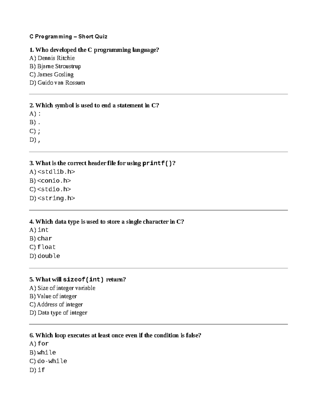 C Programming Short Quiz 1: Key Concepts and Questions - Studocu