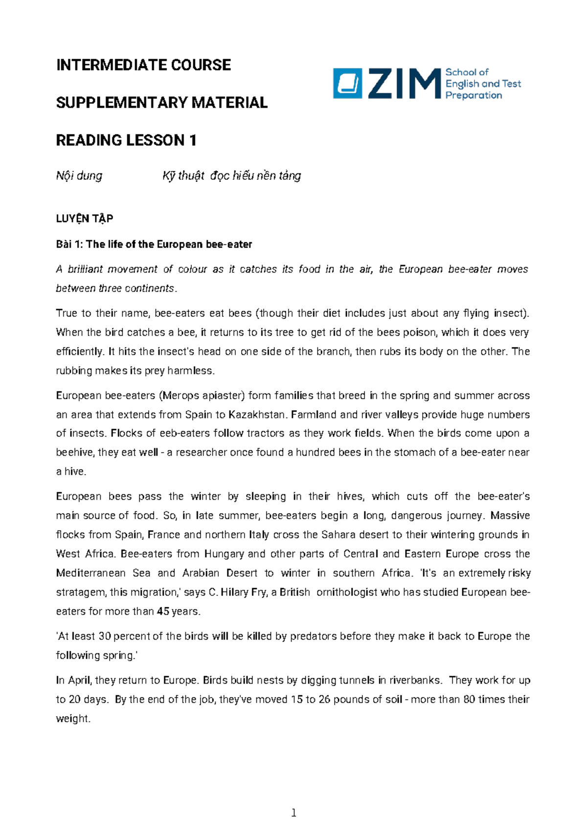 INTERMEDIATE COURSE SUPPLEMENTARY MATERIAL READING LESSON 1: European ...
