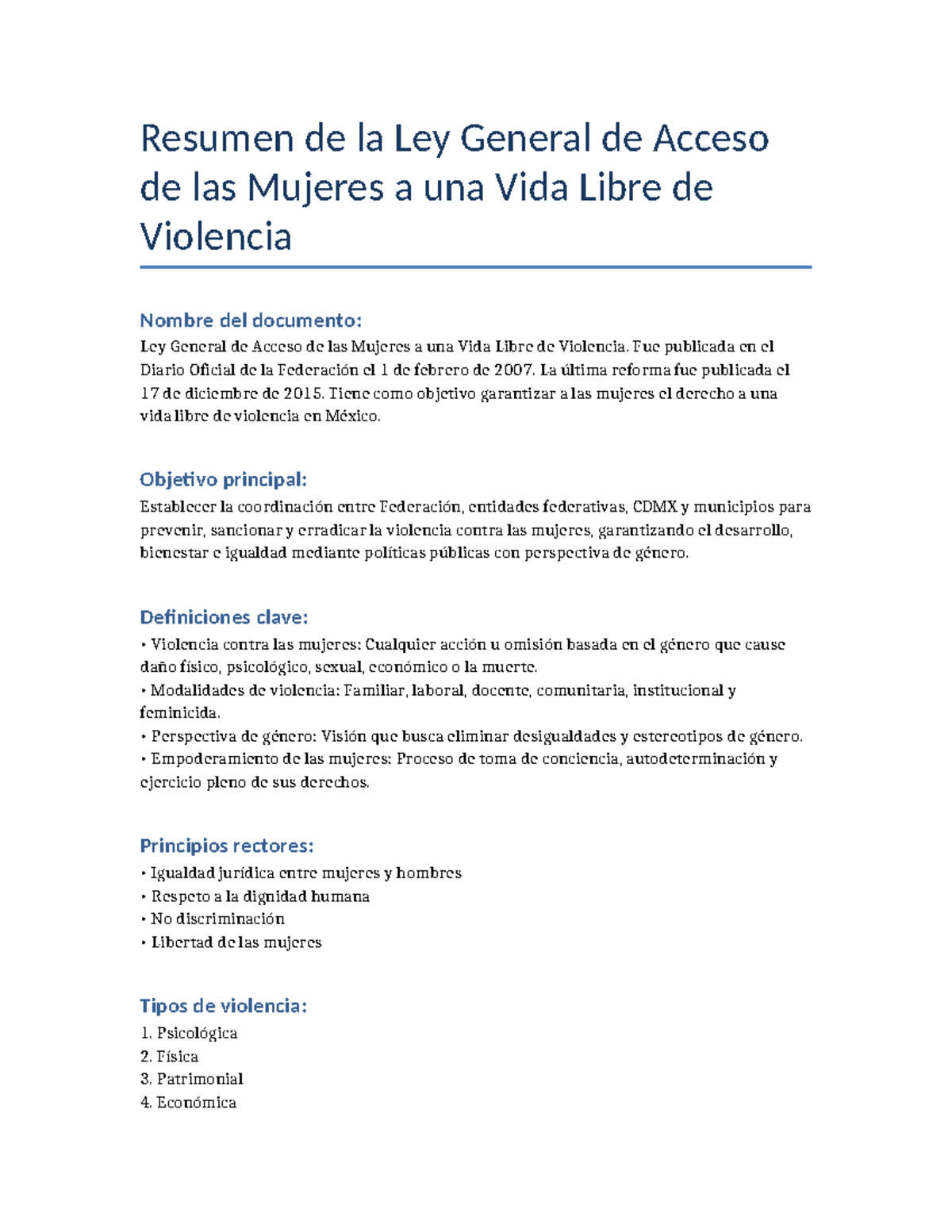 Resumen de la Ley General de Acceso a una Vida Libre de Violencia - Studocu