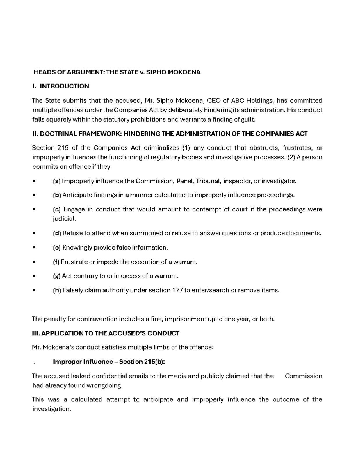 Heads of Argument: The State v. Sipho Mokoena - Legal Analysis - Studocu
