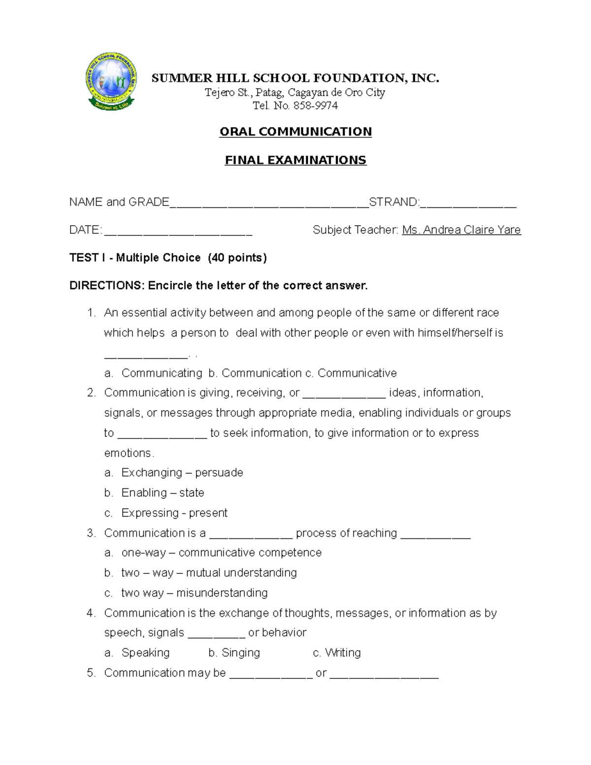 Final Exam Review for Grade 11 Oral Communication (Oral Comm) - Studocu