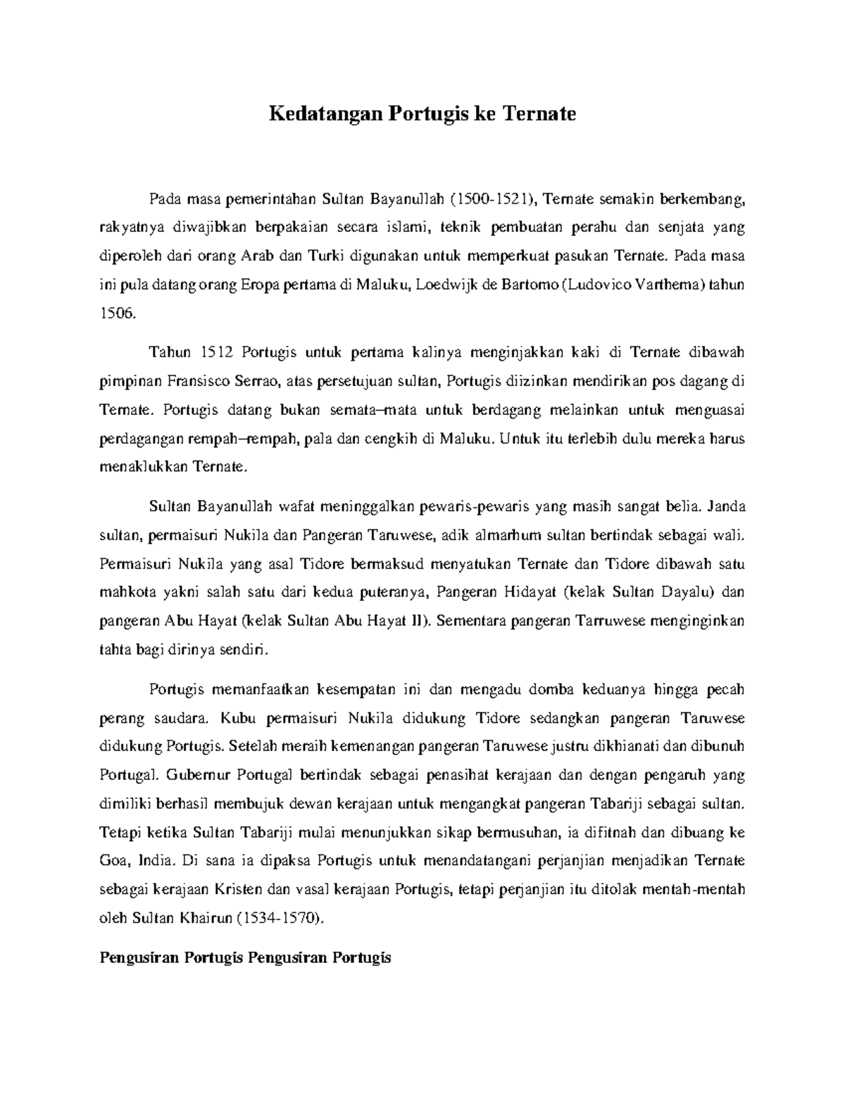 Kedatangan Portugis dan Perjuangan Kesultanan Ternate (1500-1575) - Studocu