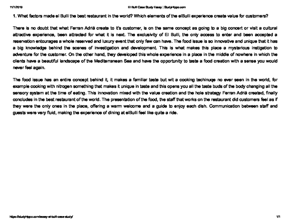 El Bulli Case Study Essay Study Hippo - - Studocu