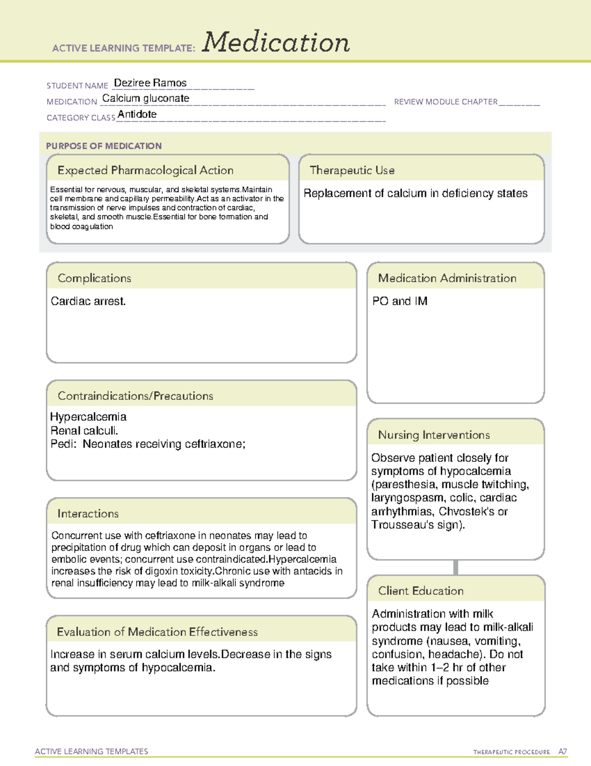 Calcium Gluconate - ACTIVE LEARNING TEMPLATE: Medication Review - Studocu