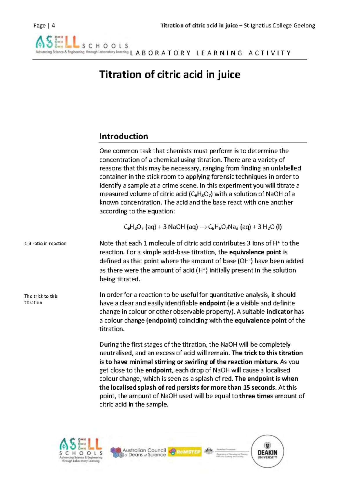 Titration of Citric Acid in Juice: St Ignatius College Geelong LAB ...