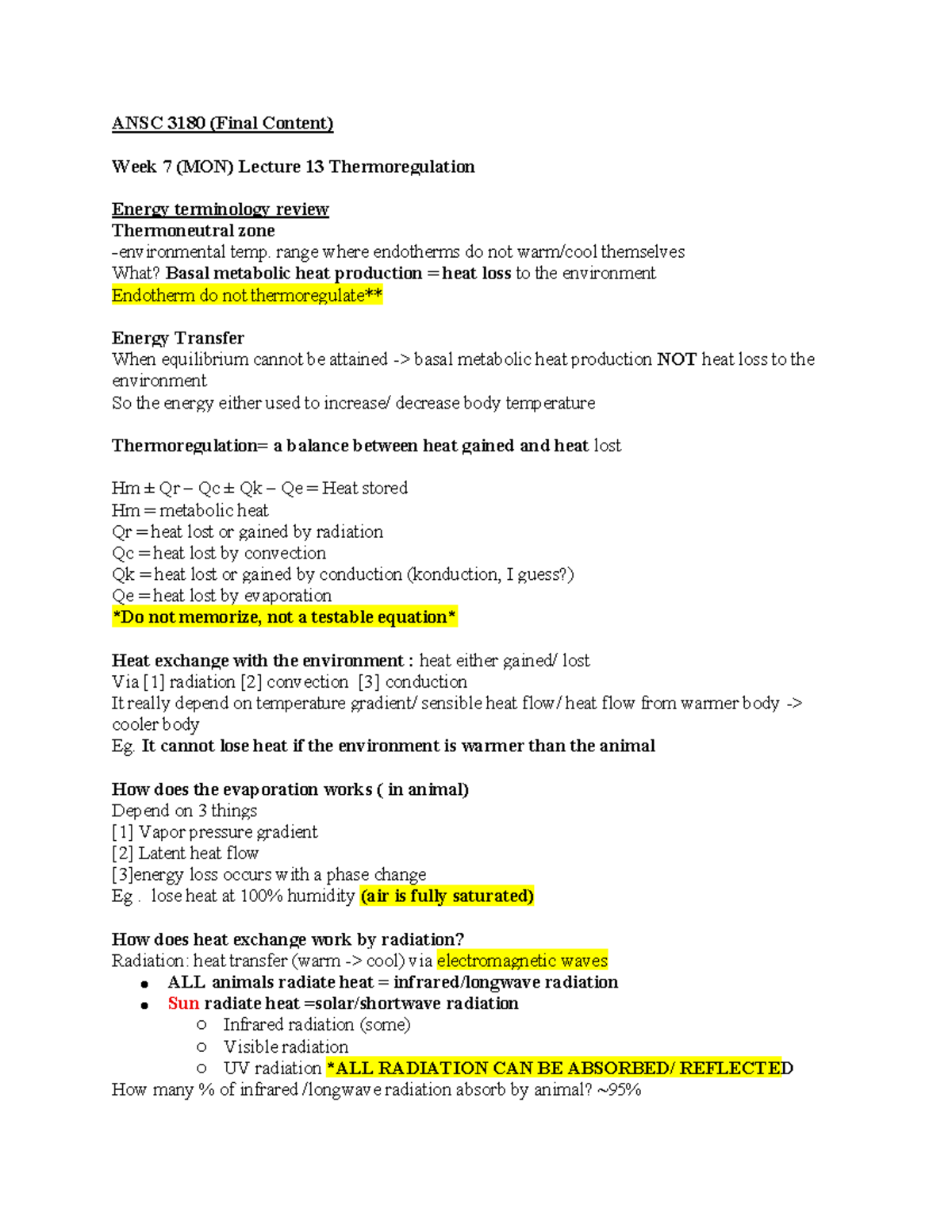 ANSC 3180 (Final Exam) Week 7 Lecture 13: Thermoregulation & Energy ...