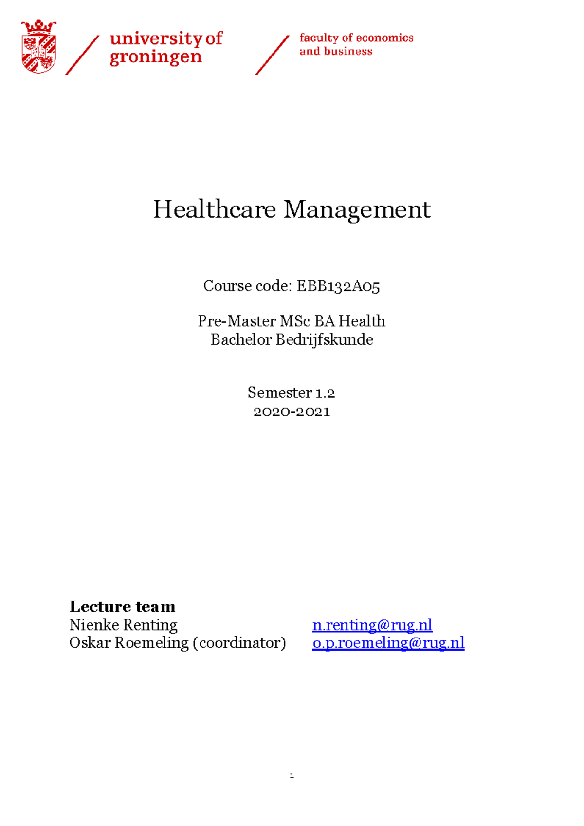 Syllabus EBB132A: Healthcare Management 2020-2021 Overview - Studeersnel