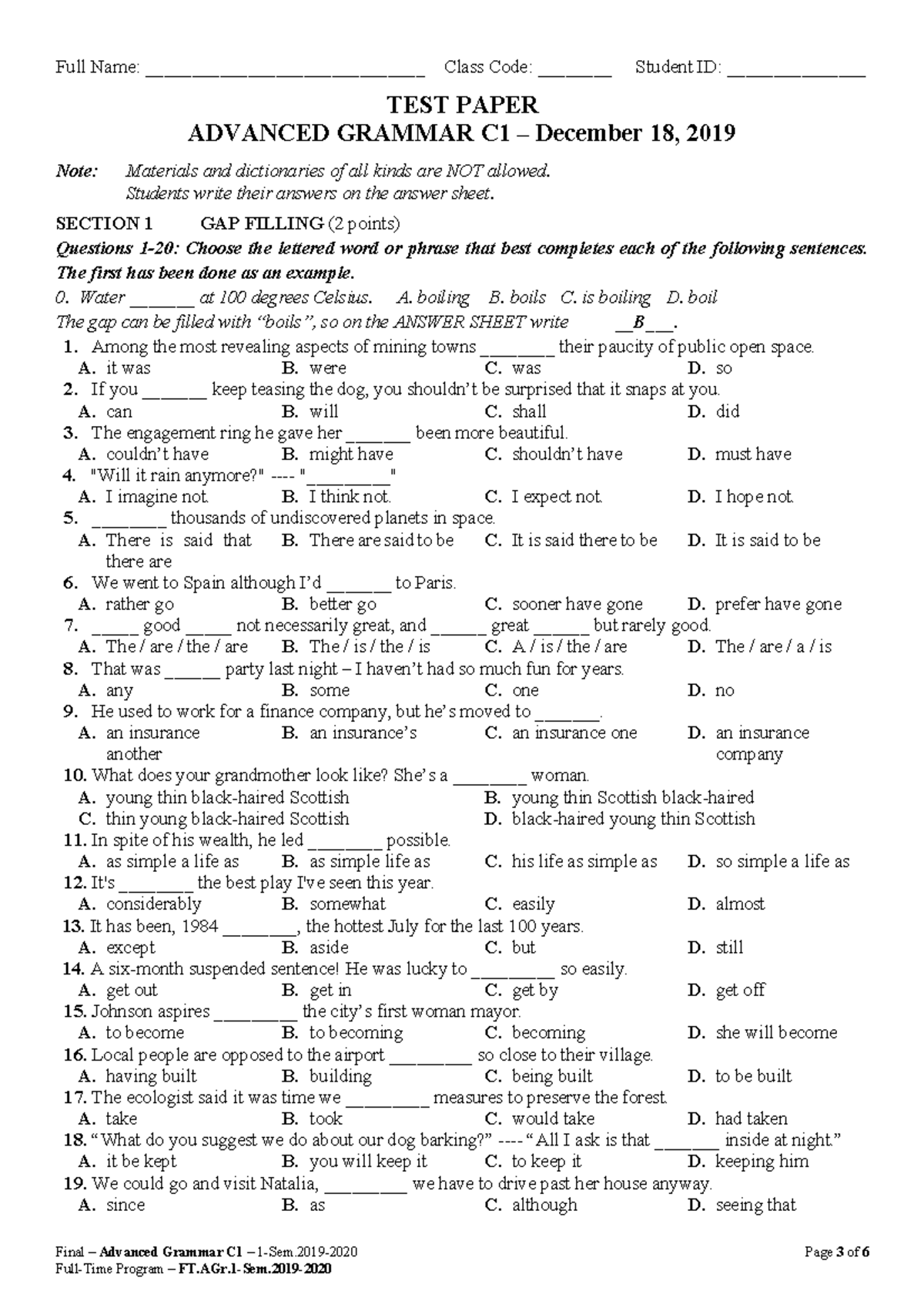 Final Exam: Advanced Grammar C1 Test Paper - December 18, 2019 - Studocu
