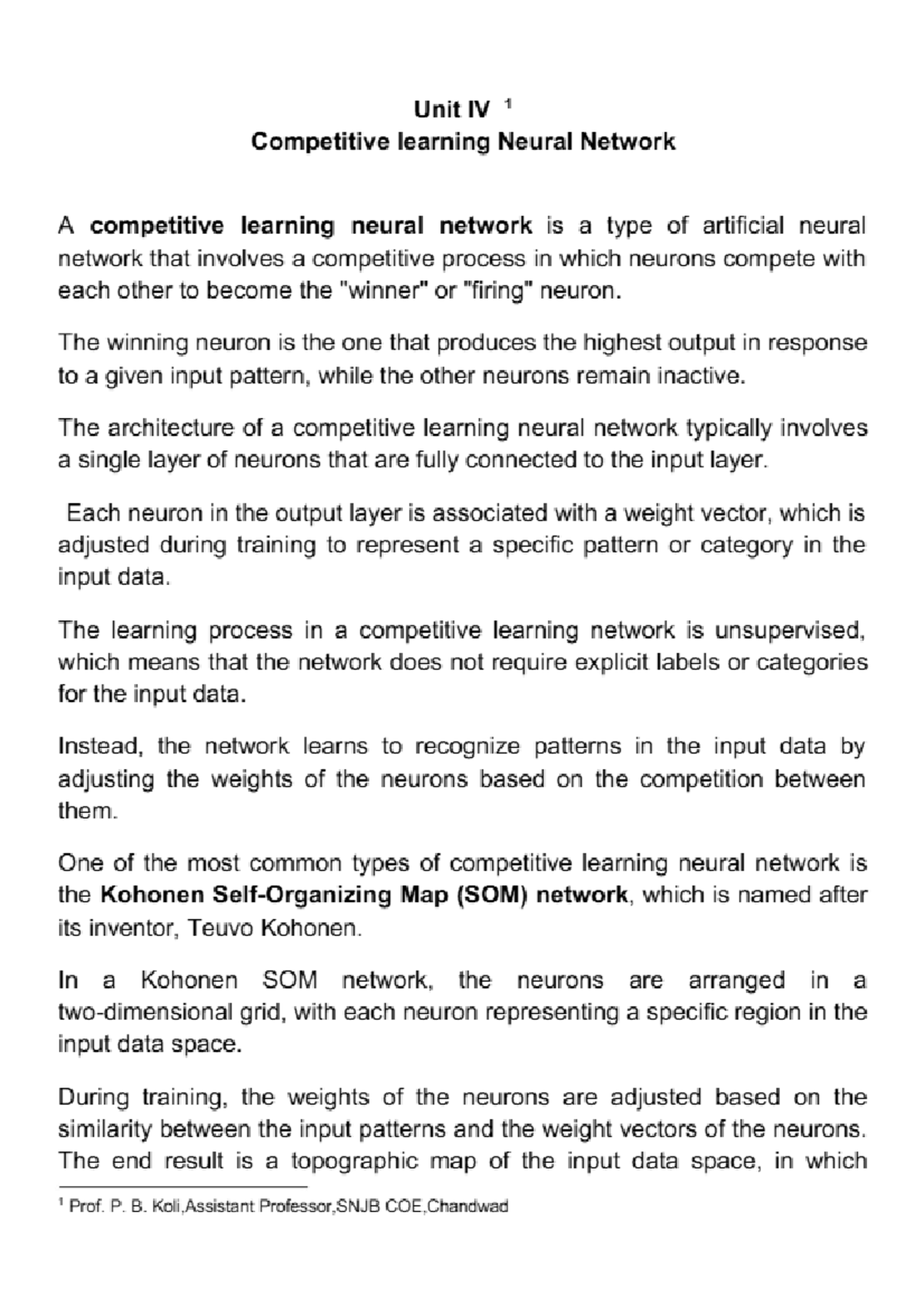 Unit IV: Competitive Learning Neural Networks and Applications - Studocu