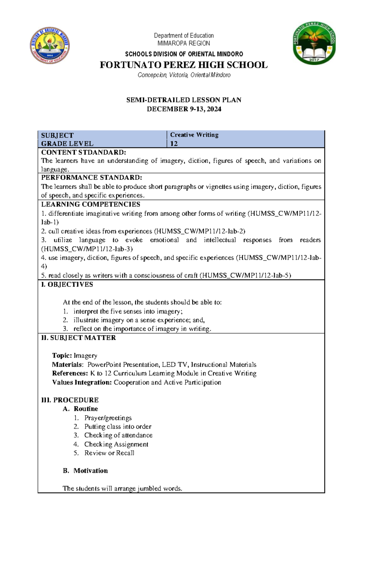 MIMAROPA REGION G12 Creative Writing Lesson Plan - Dec 2024 - Studocu