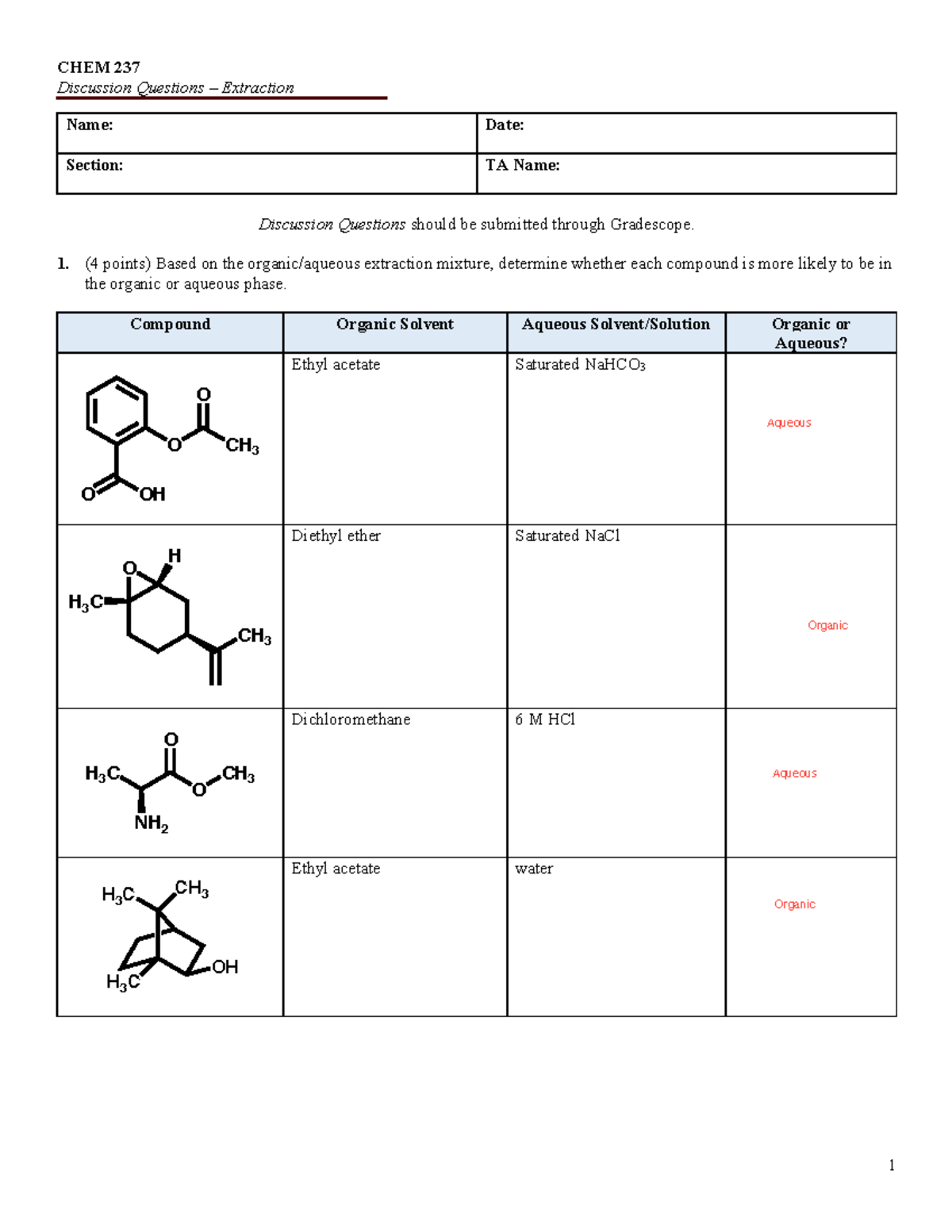 CHEM 237 Discussion Questions on Extraction Techniques - Studocu