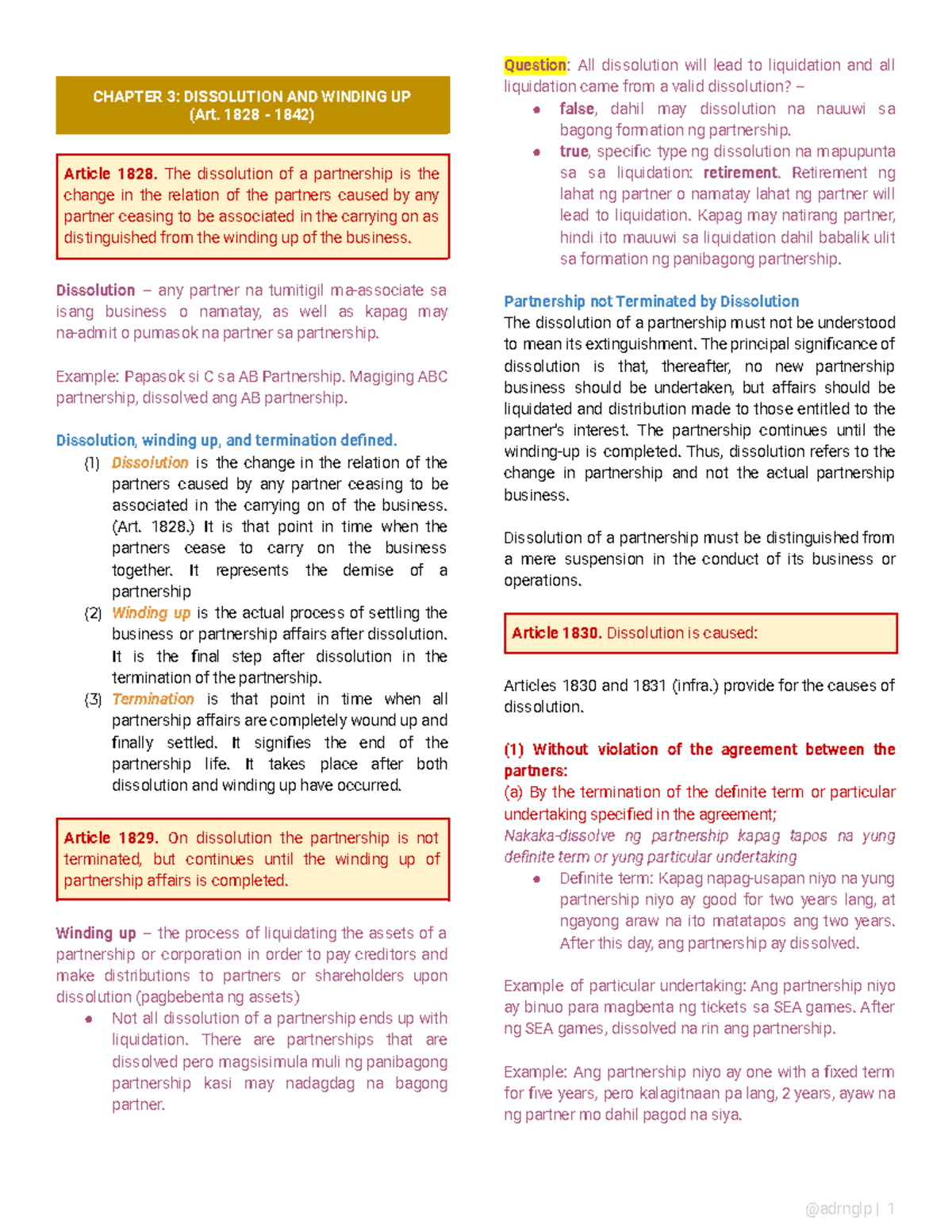 [1017] Partnership Chapter 3: Dissolution & Winding Up (Arts. 1828-1842) - Studocu