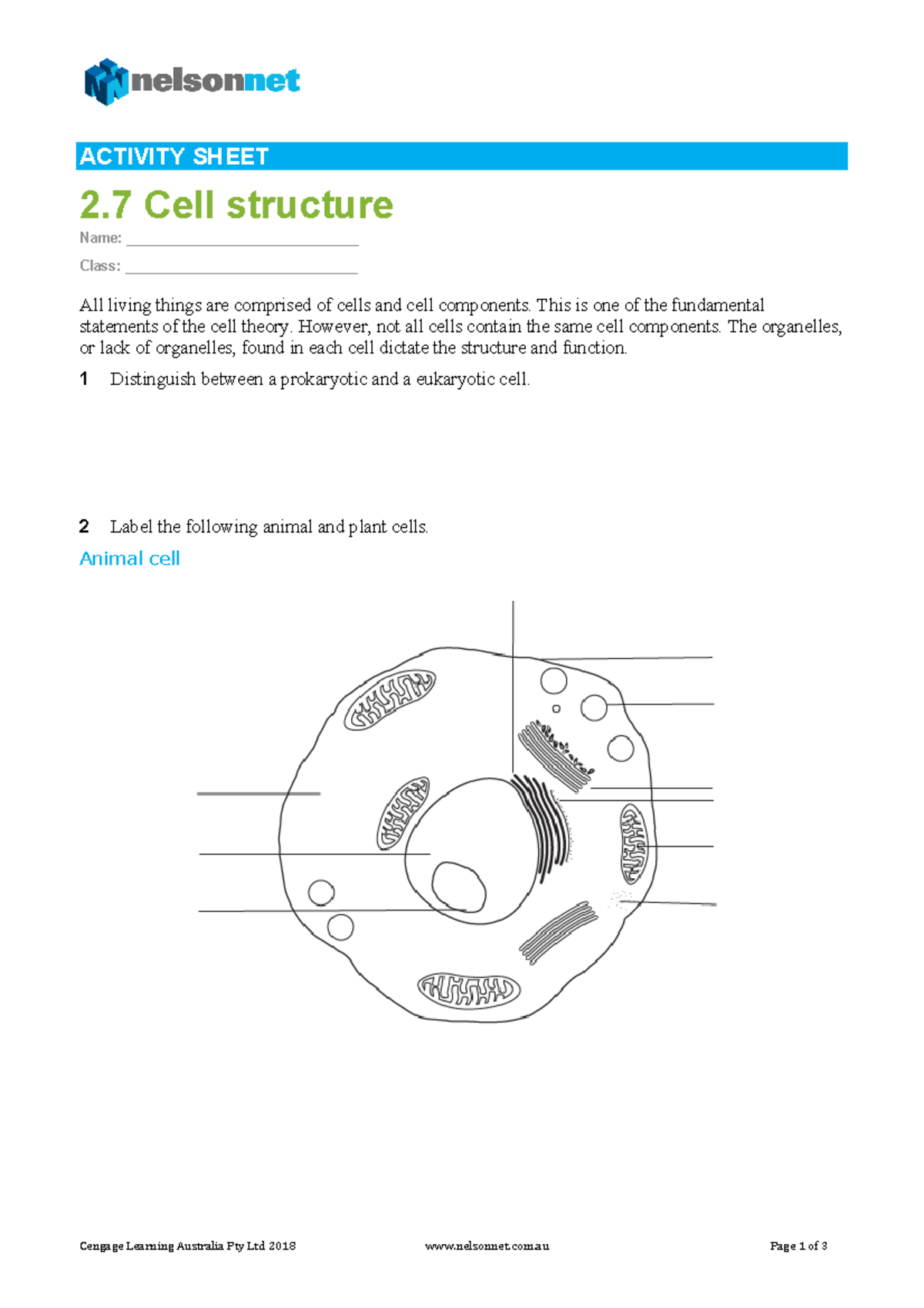 Cell Structure - Helpful worksheet - Cengage Learning Australia Pty Ltd ...