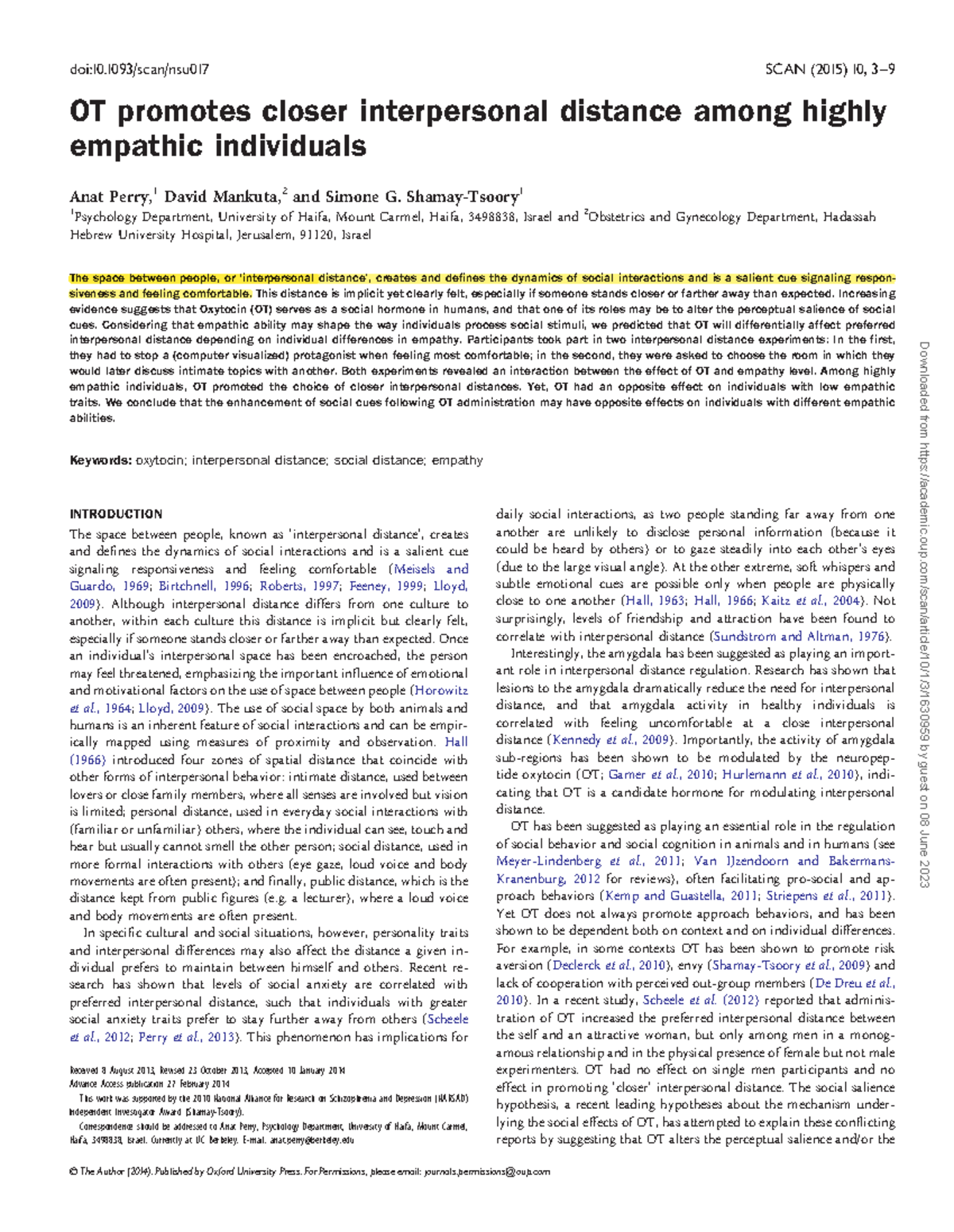 Perry et al. (personal space) - OT promotes closer interpersonal ...