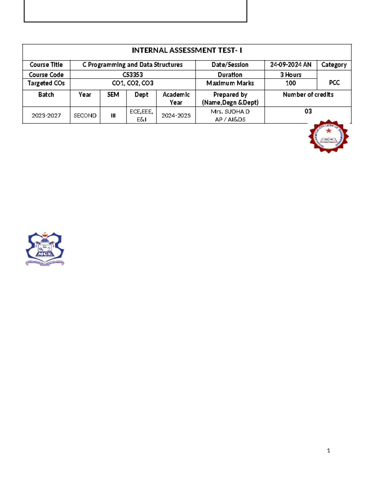 INTERNAL ASSESSMENT I - CS3353 C Programming QP & Question Bank - Studocu