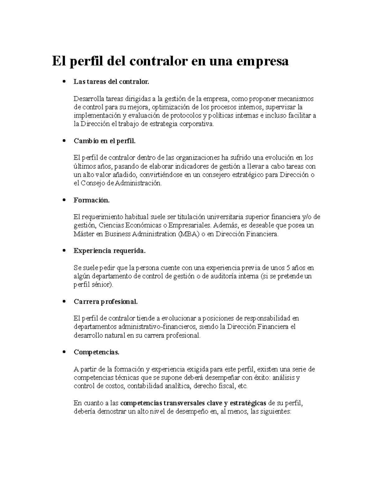 El perfil del contralor en una empresa: evolución y competencias - Studocu