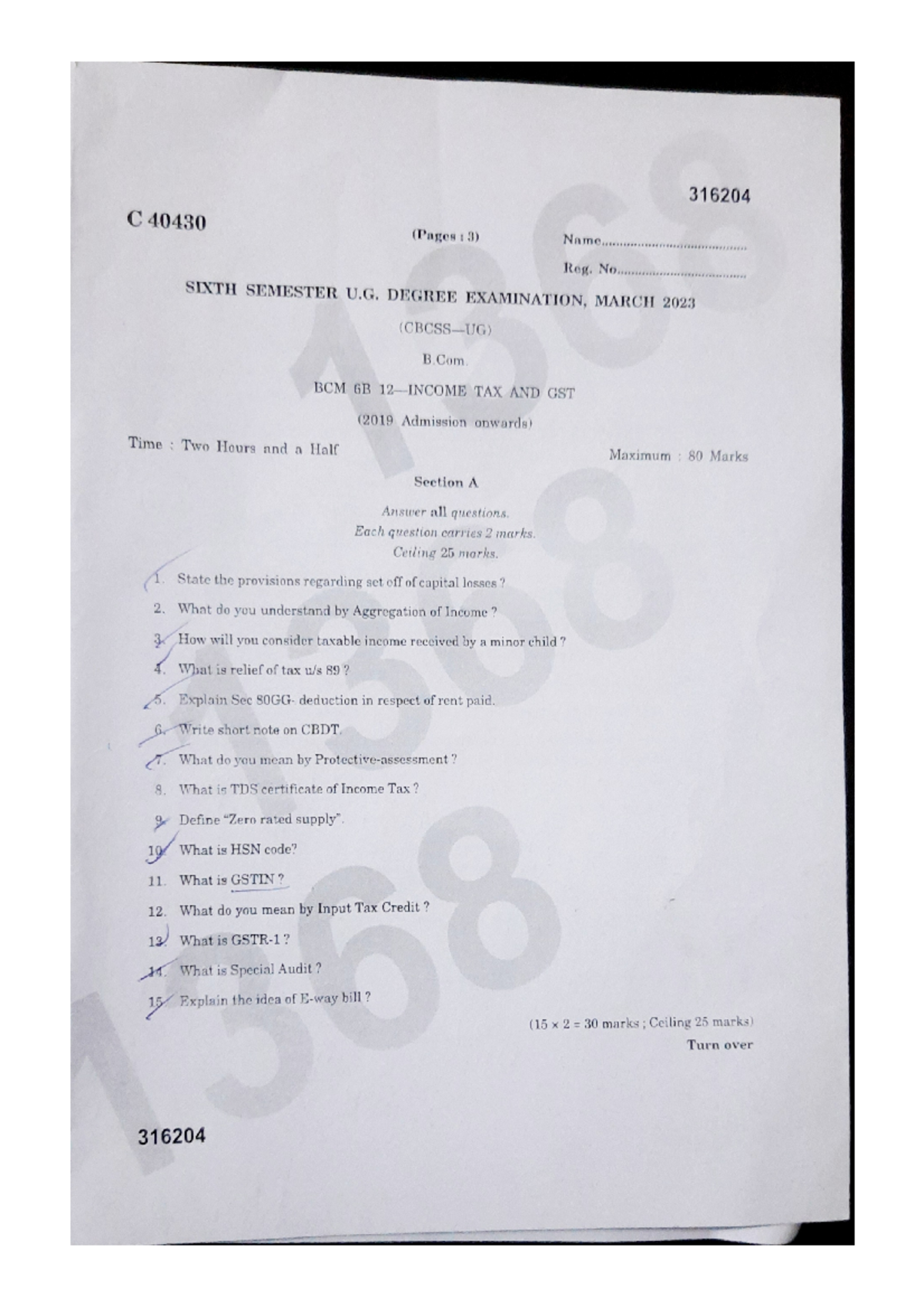 Calicut University 6th sem B. Com income tax and GST 2023 question ...