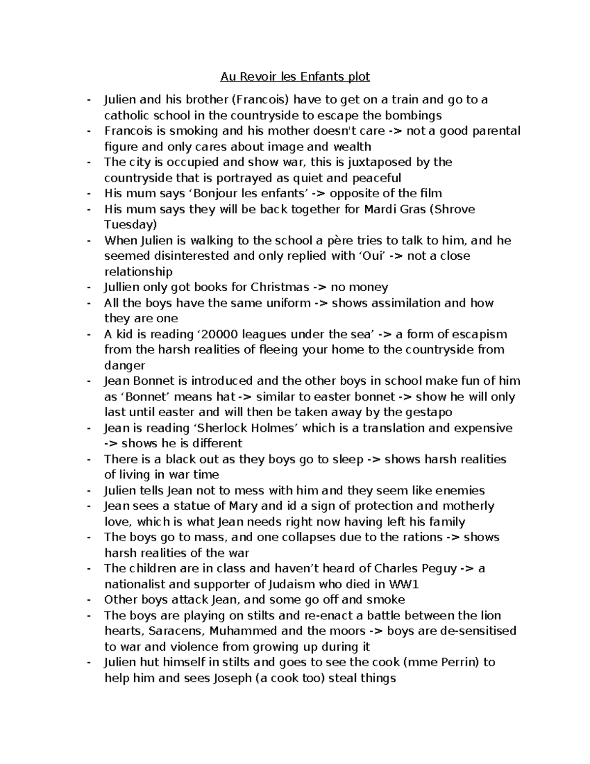 Au Revoir Les Enfants: Detailed Plot Summary Analysis - Studocu