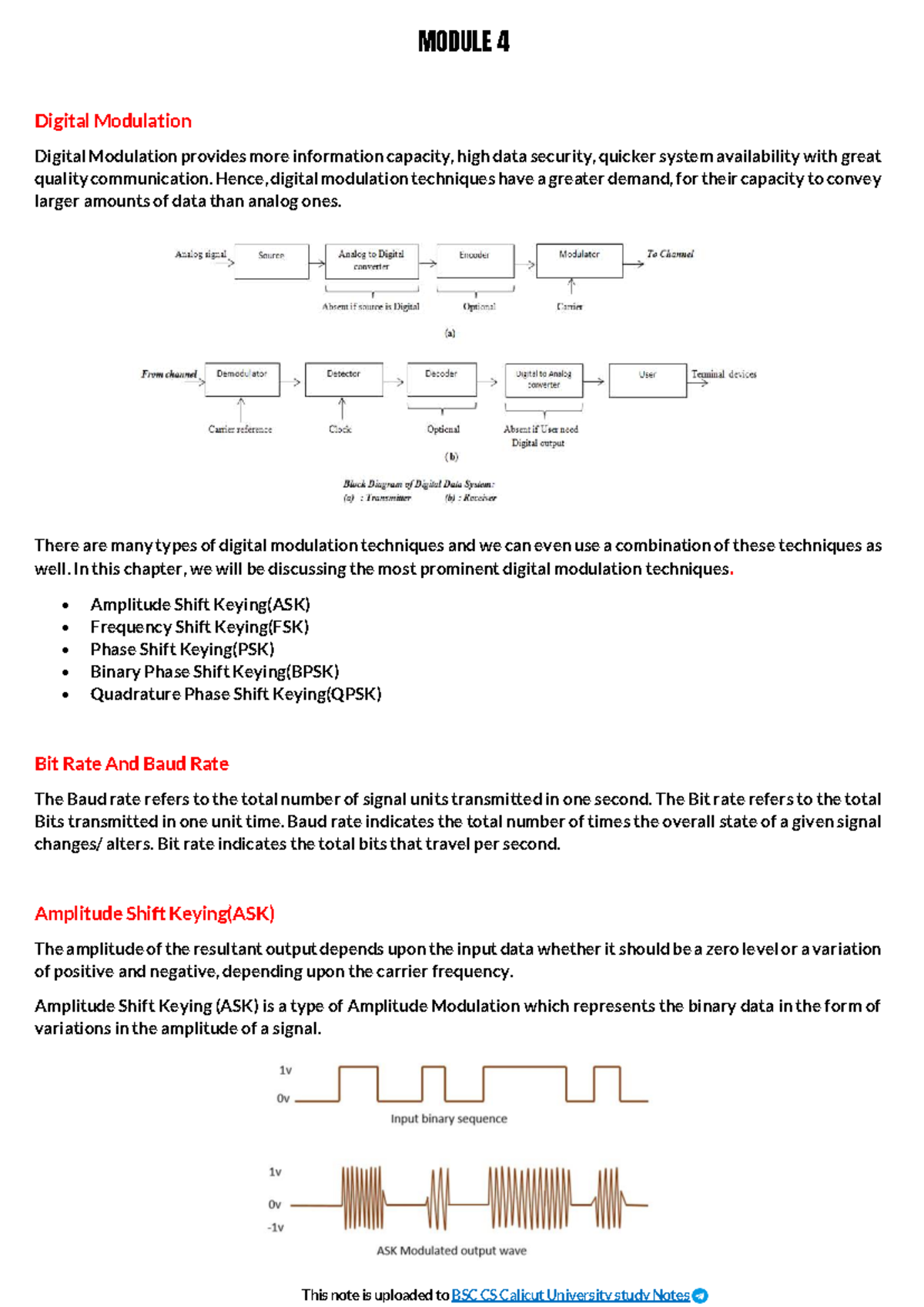 BSC CS Module 4: Digital Modulation Techniques Overview - Studocu