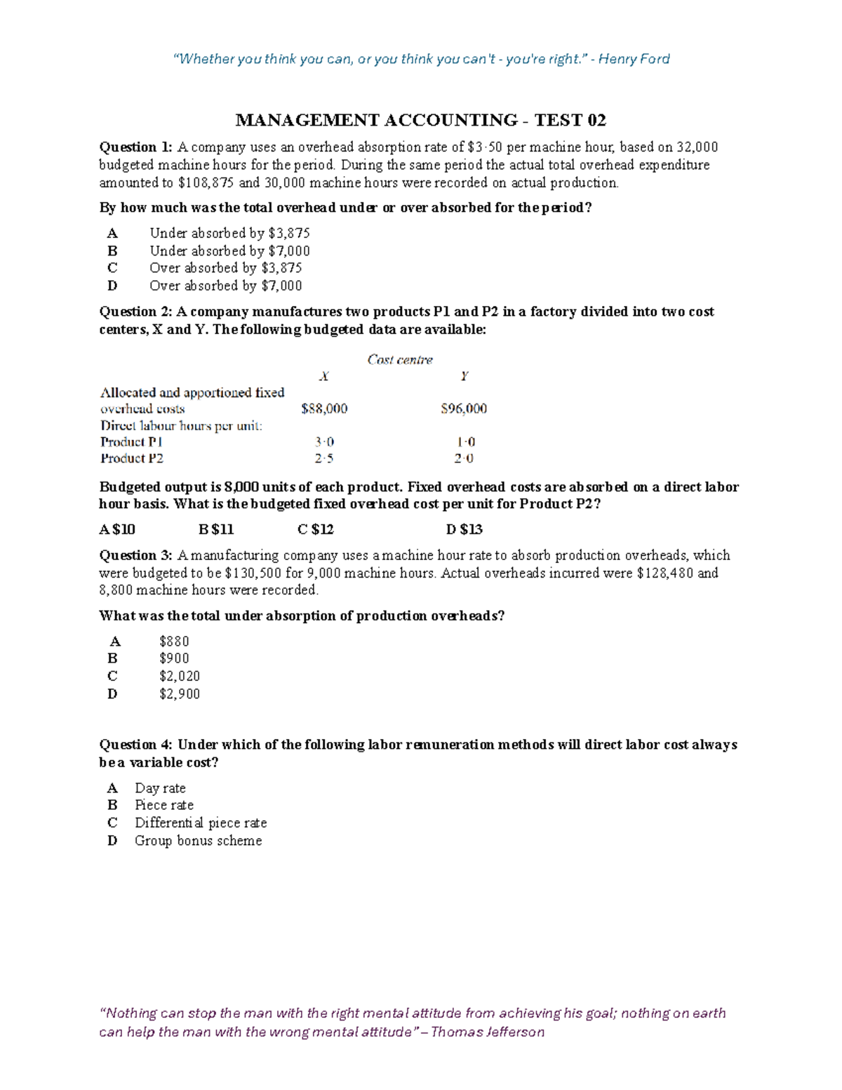 Management Accounting TEST 02: Overhead Absorption & Costing Concepts ...