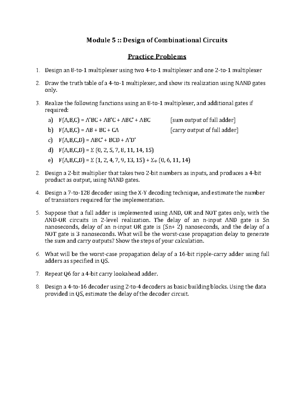 M5 :: Practice problems on design of combinational circuits - Studocu