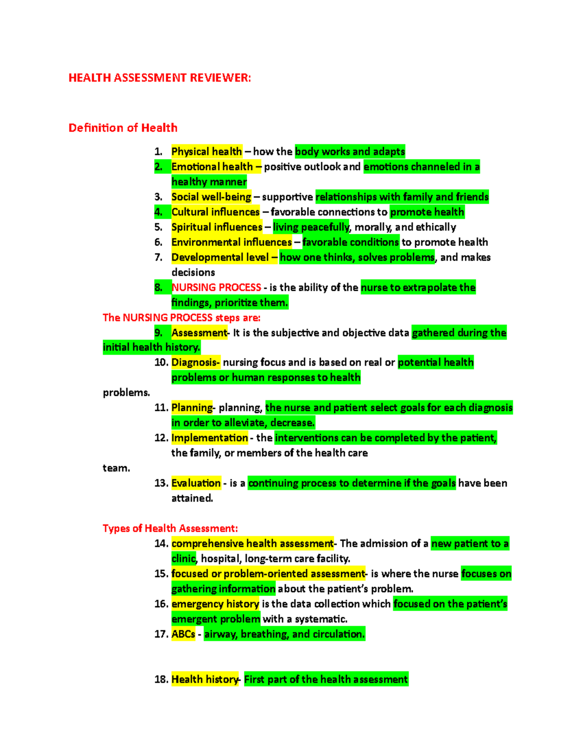 HEA 101: Comprehensive Health Assessment Review for Nursing Students ...