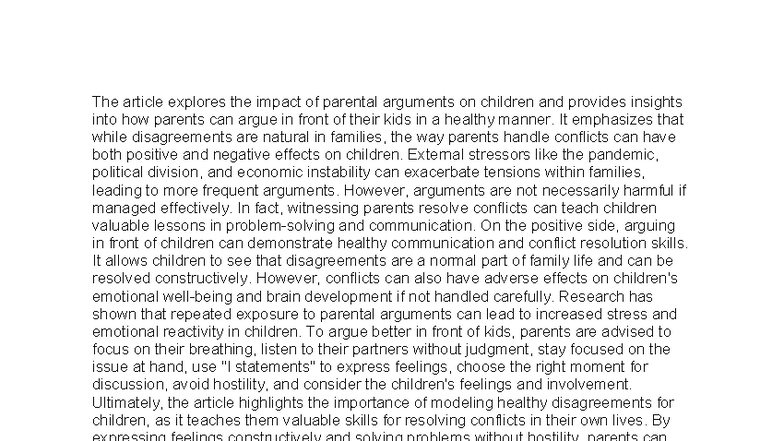 Healthy Parental Arguments: Impact on Children - 6666 Summary - Studocu
