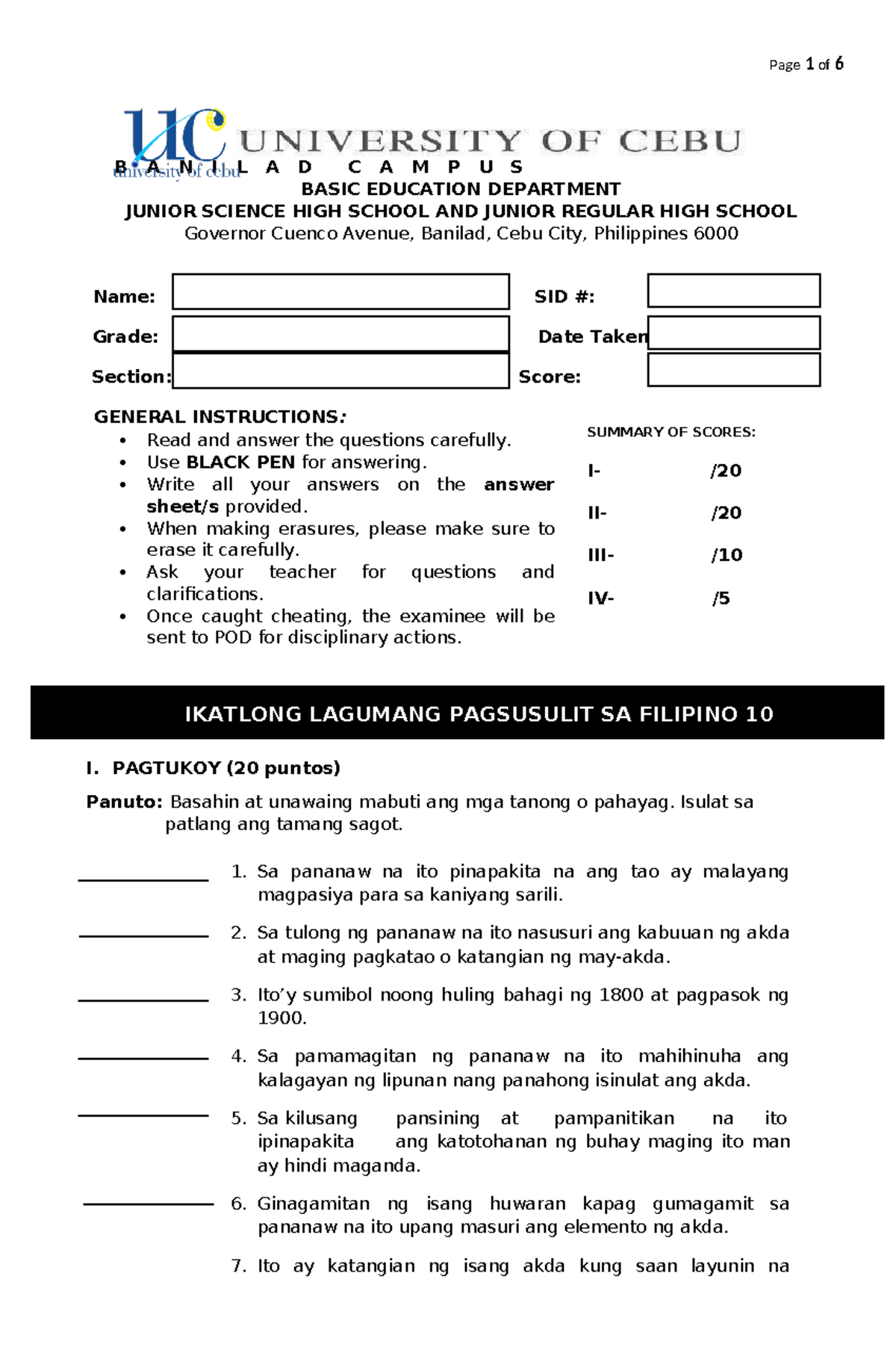 Filipino 10 Third Mastery - GENERAL INSTRUCTIONS: Read and answer the ...