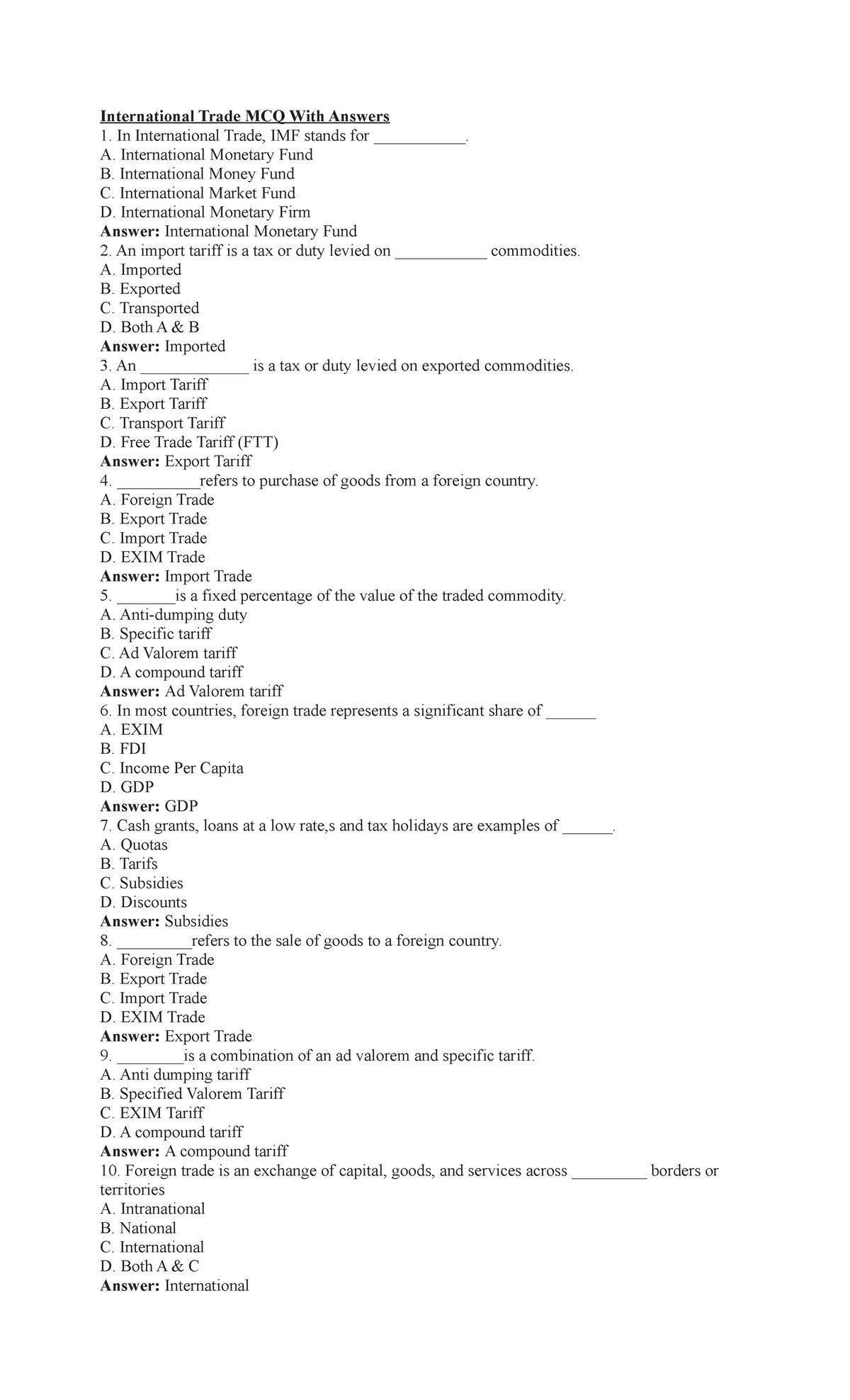 International Trade MCQs & Answers - Comprehensive Review Notes - Studocu