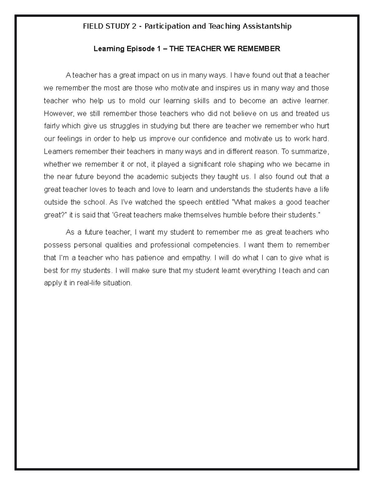 FS 2 - Learning Episode 1 - FIELD STUDY 2 - Participation and Teaching ...