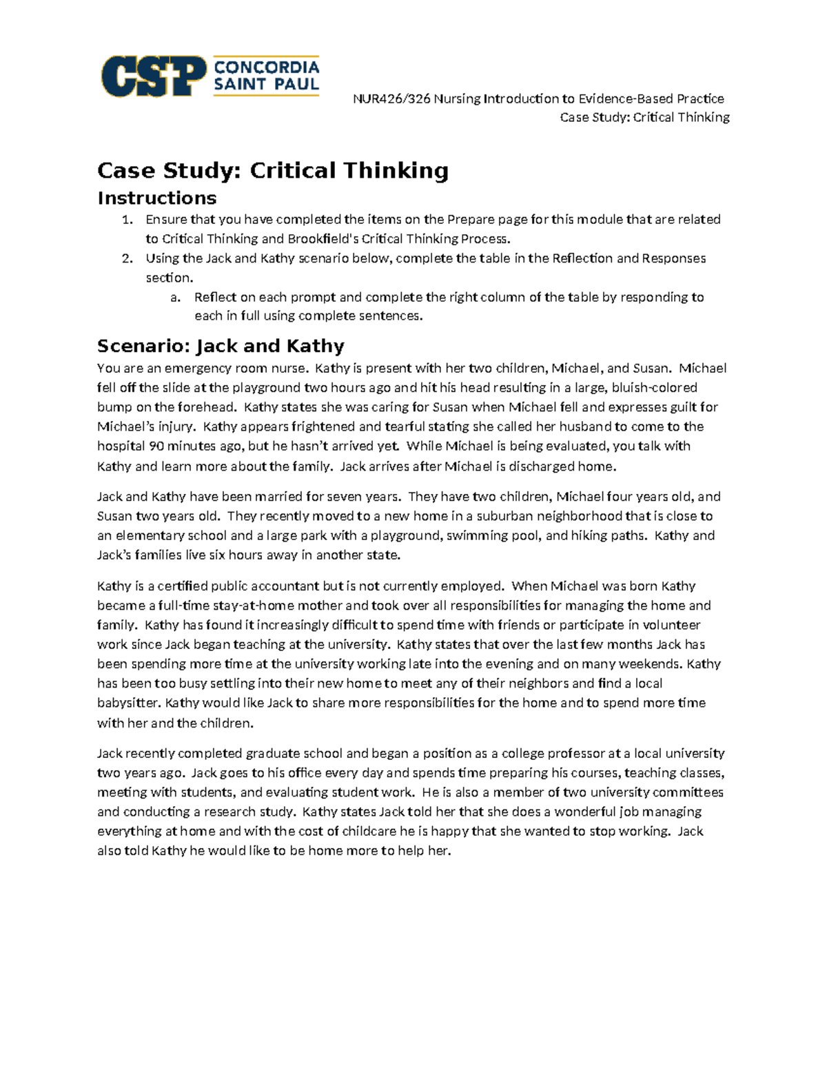 NUR426 Case Study: Critical Thinking in Nursing Practice - Studocu