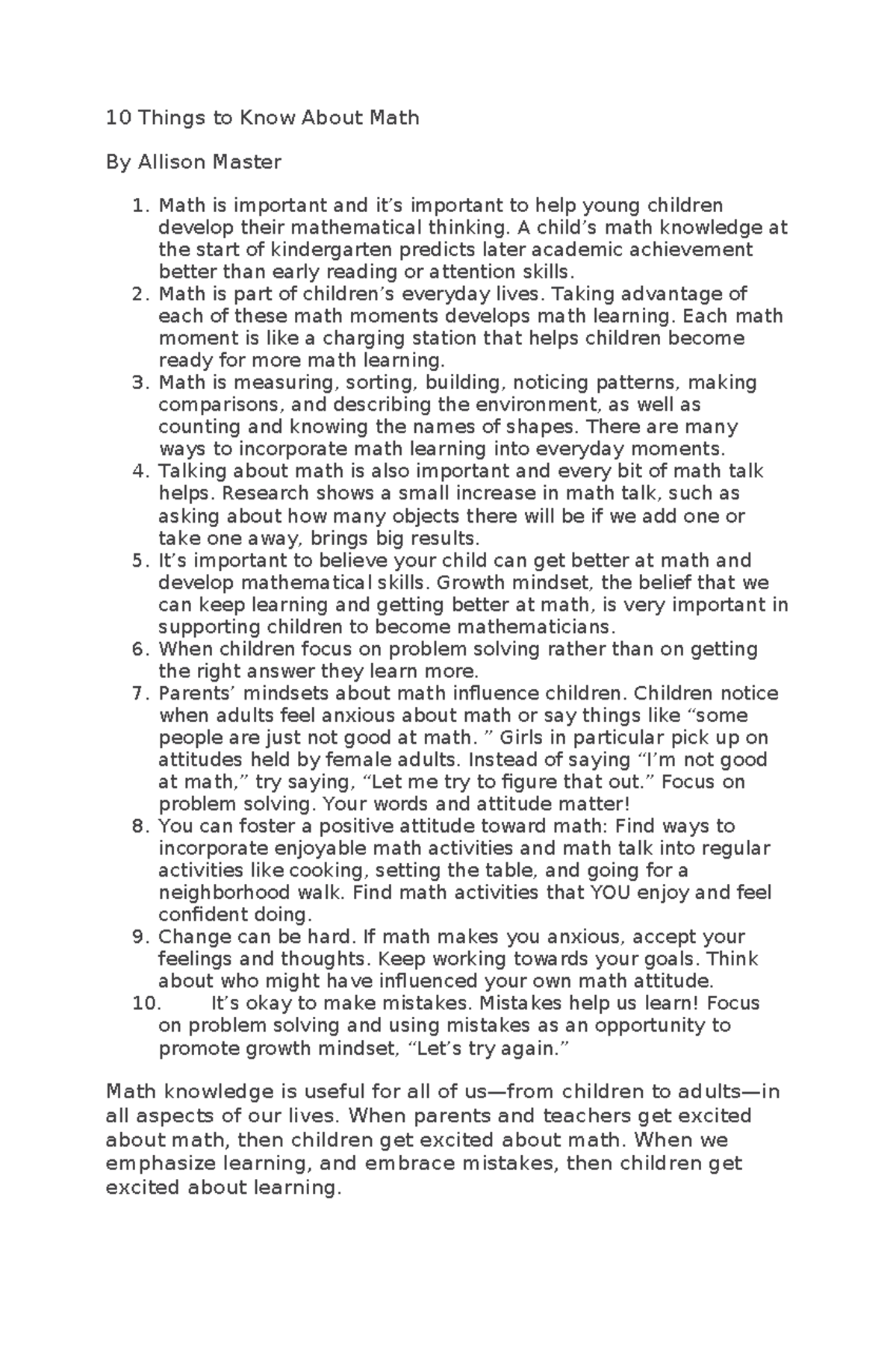 10 Things to Know About Math - Math is important and it’s important to ...