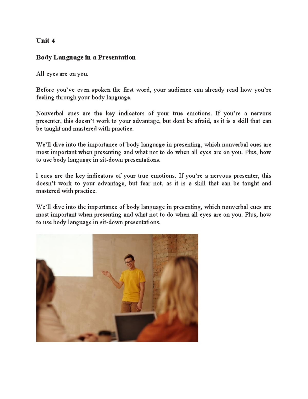 Unit 4: Mastering Body Language for Effective Presentations - Studocu