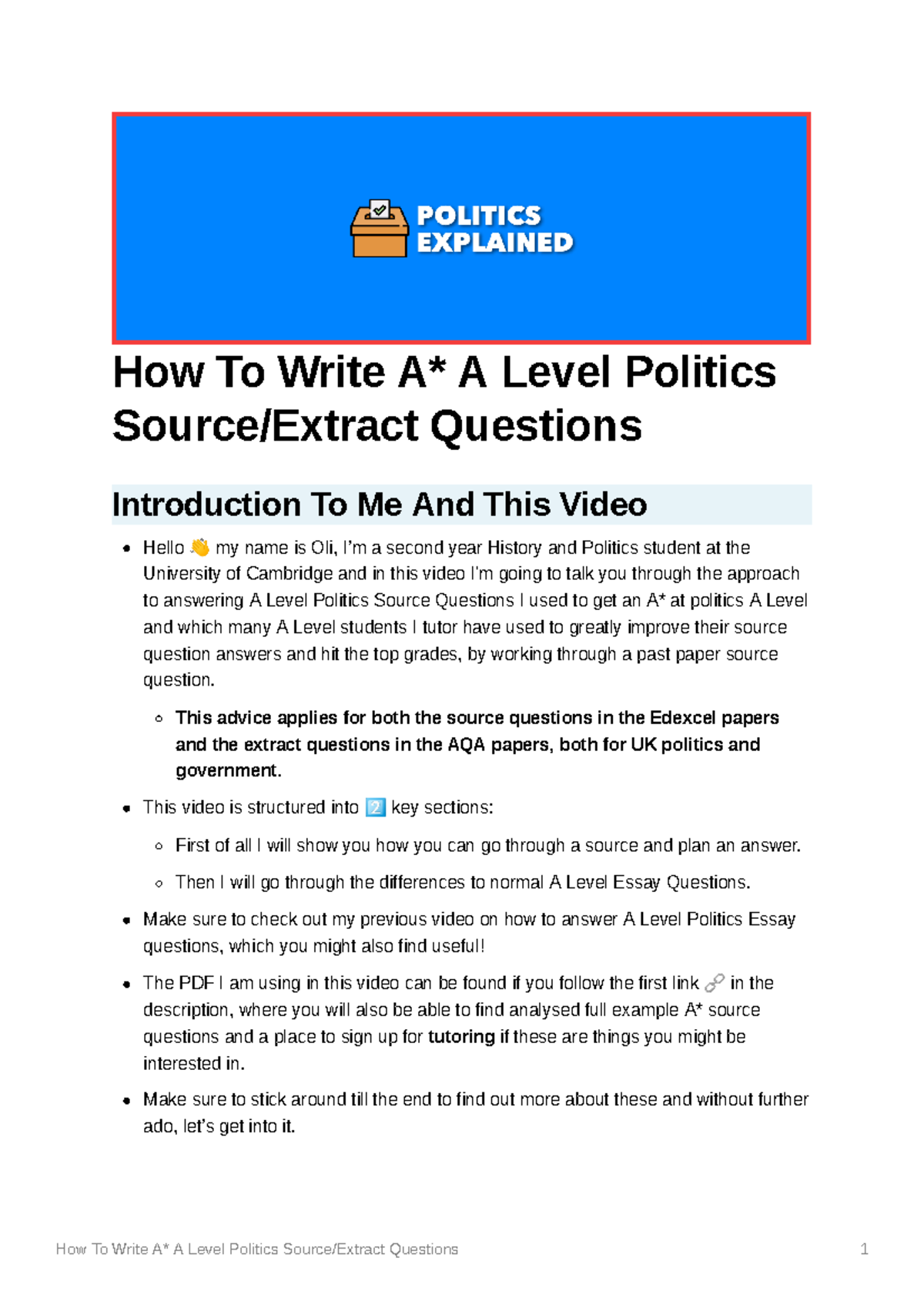 A* A Level Politics: Effective Strategies for Source Questions - Studocu