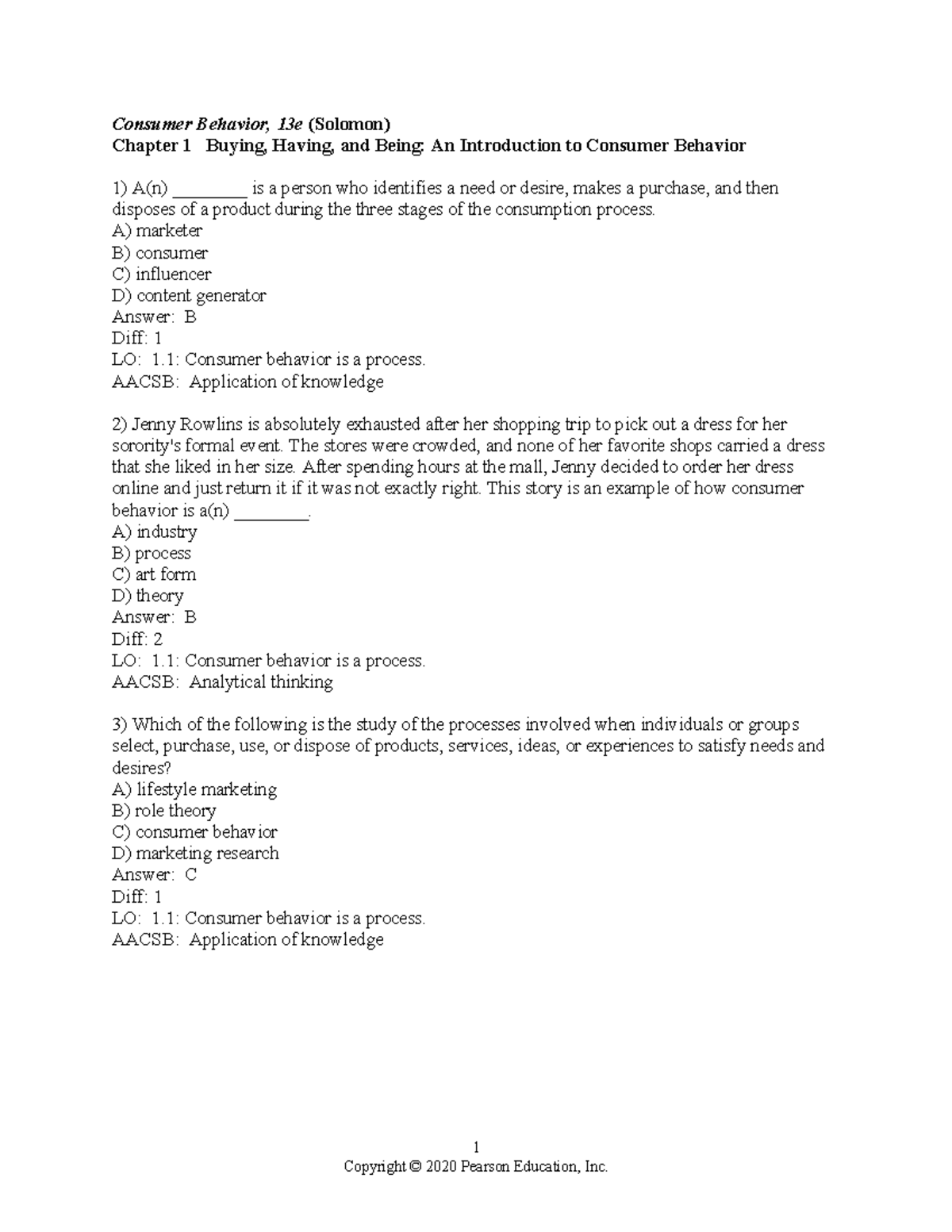 Consumer Behavior Test Bank - Chapter 1: Intro to Buying & Needs - Studocu