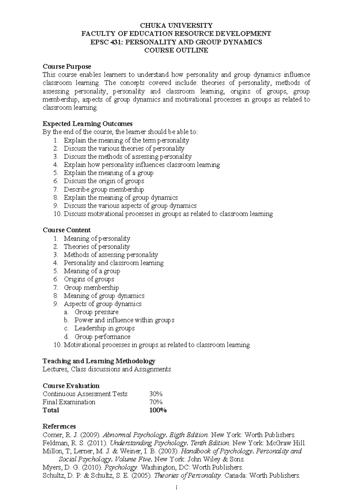 EPSC 431: Personality and Group Dynamics Course Outline - Studocu