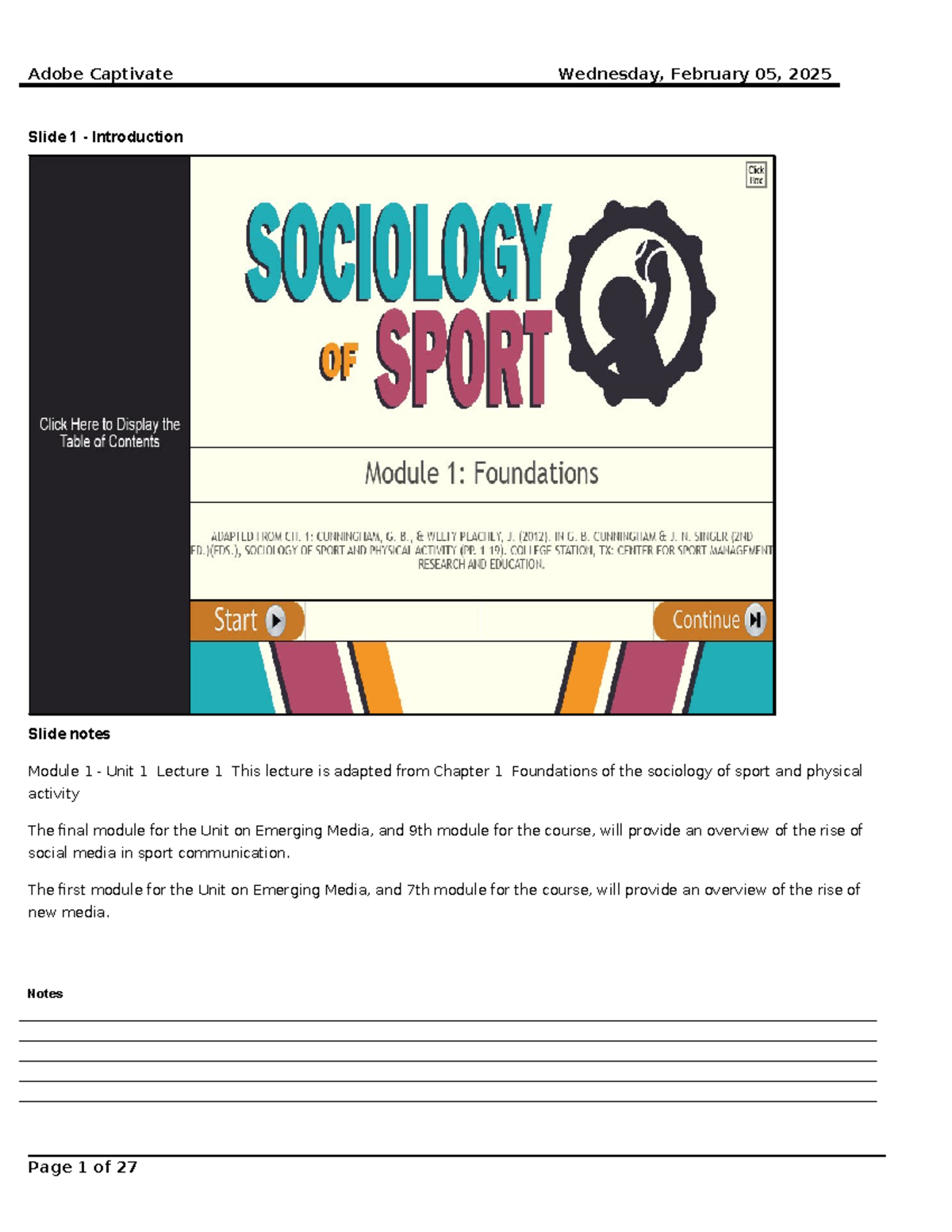 Module 1 - Handout - Sociology of sports - Slide 1 - Introduction Slide ...