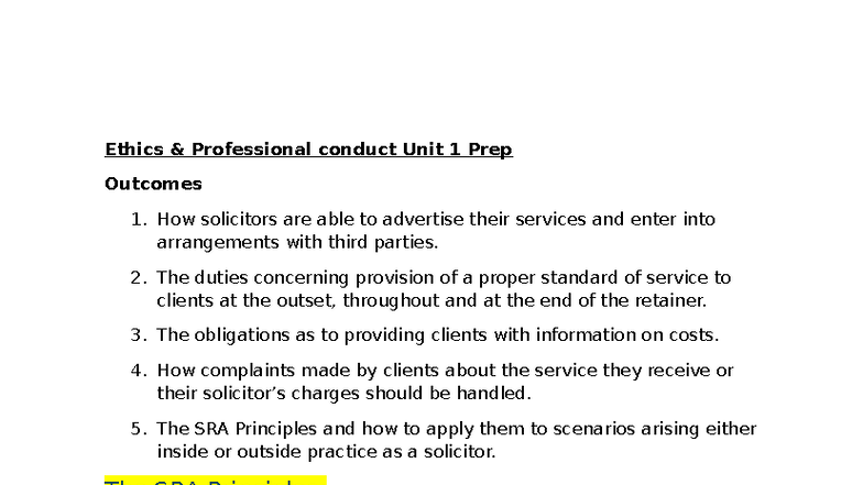 Ethics Unit 1: Professional Conduct & SRA Principles Overview - Studocu