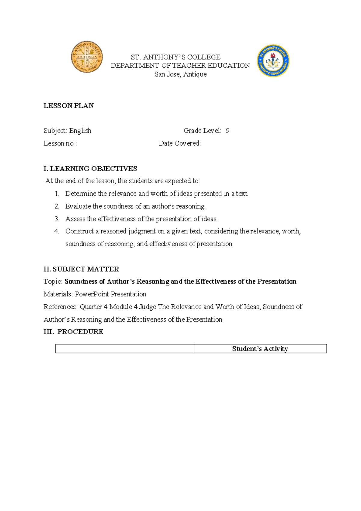 6th DLP Grade-9 - English Lesson Plan on Soundness of Reasoning - Studocu